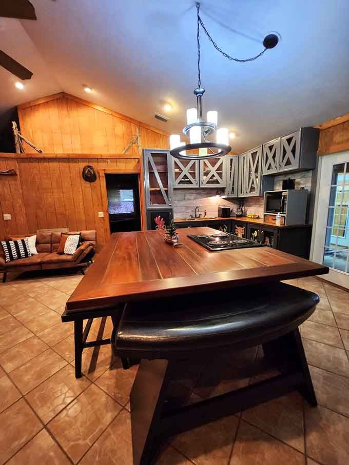 A kitchen island this inviting practically begs you to cook something more ambitious than microwave popcorn.
