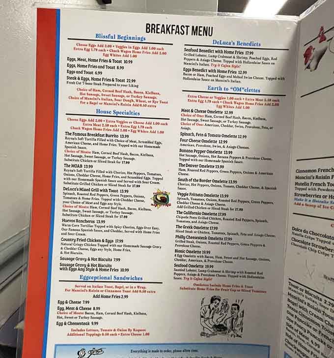 Bold red border frame this menu like a love letter to the golden age of American breakfast.