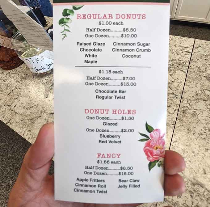 This menu is your roadmap to happiness, featuring everything from classic glazed to adventurous bear claws.