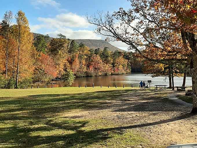 Fall colors explode across the lake like nature's grand finale before winter takes its bow, absolutely stunning.
