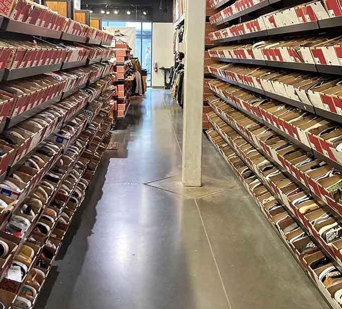 Rows of footwear stretch endlessly, offering more sole-searching opportunities than a philosophy convention.