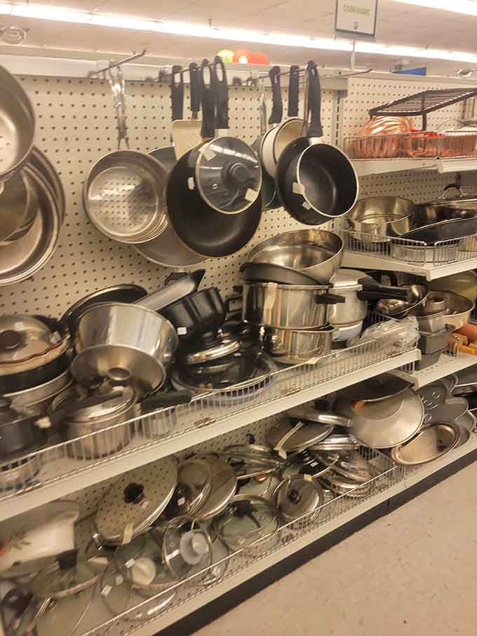 Pots, pans, and kitchen treasures hang like a culinary hall of fame waiting for their second act.