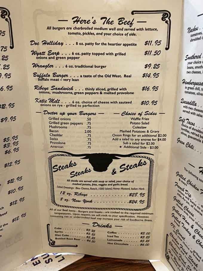 The menu reads like a roster of Old West legends, each burger named after someone who actually walked these Colorado streets back when "going viral" meant catching something unpleasant.