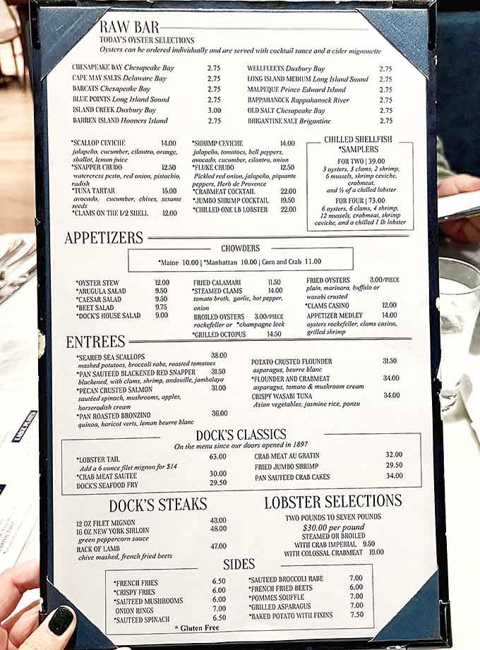 A menu that reads like a greatest hits album of ocean delicacies, minus the filler tracks nobody asked for.