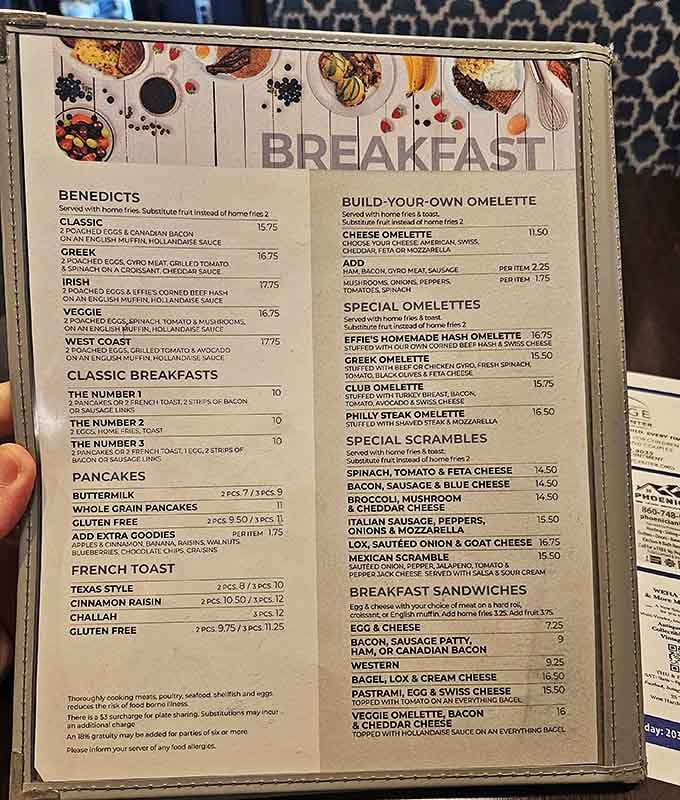 This menu reads like a love letter to breakfast, offering more egg options than most people have life decisions.