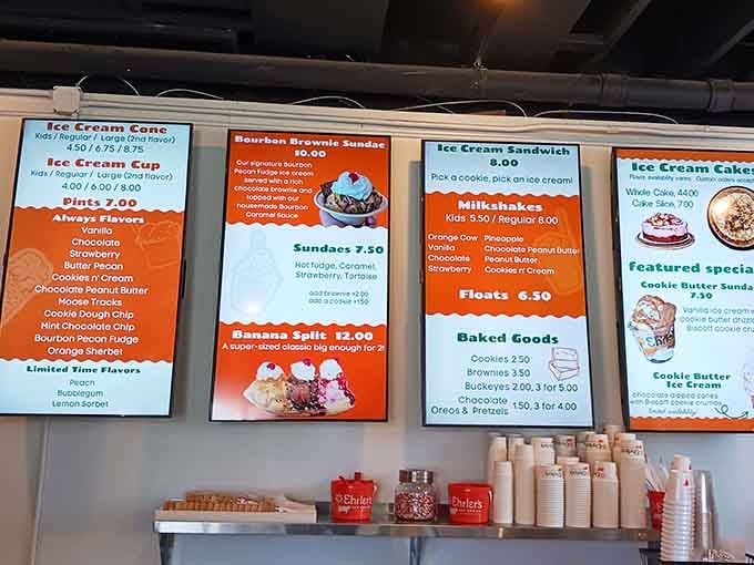 This menu board is basically a roadmap to happiness, featuring everything from classic scoops to bourbon-infused creations that scream Kentucky.
