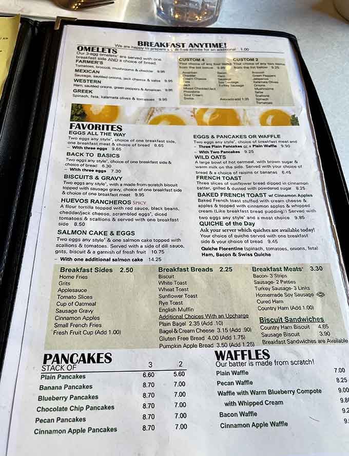 When a menu proudly declares "BREAKFAST ANYTIME!" in all caps, you know they understand what really matters in life.