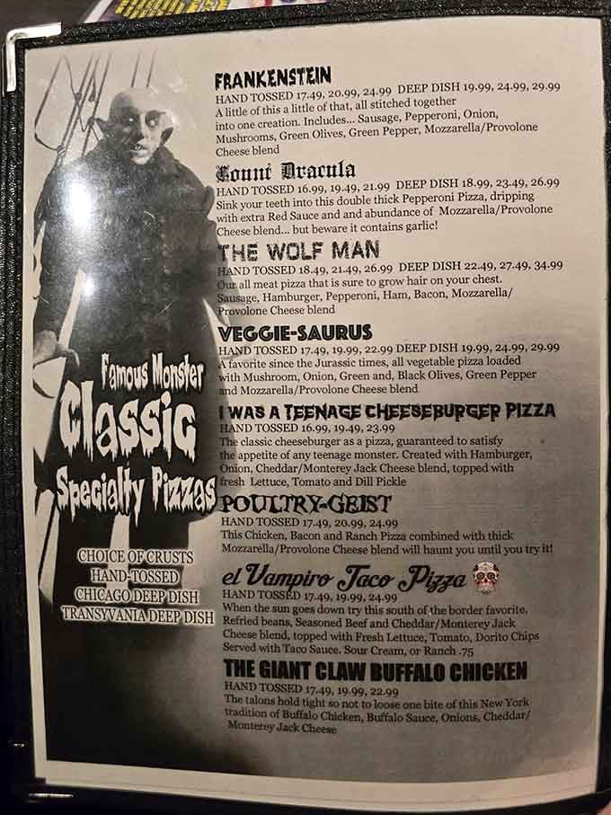 The menu reads like a horror movie marathon, with Frankenstein, Count Dracula, and the Wolf Man all making delicious appearances.