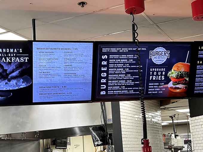 Digital menus displaying everything from breakfast burritos to burgers, making your hardest decision of the day deliciously difficult.
