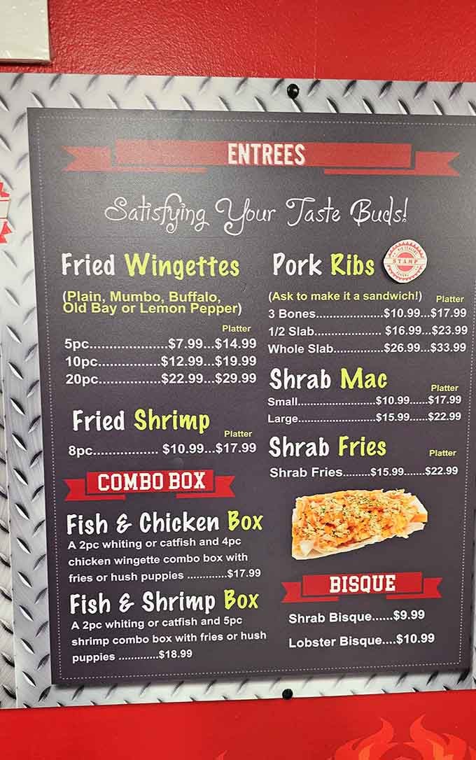 The menu promises to satisfy your taste buds with seafood and soul food that'll make you a regular.