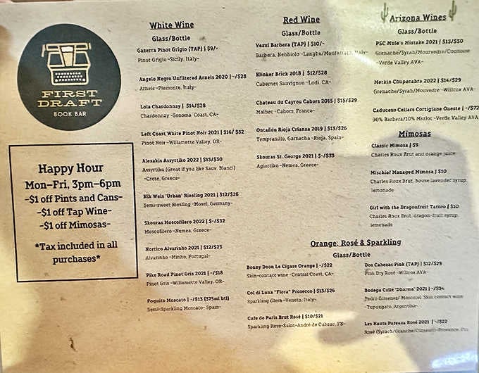 This menu reads like a passport to wine country, with Arizona proudly representing alongside international favorites.