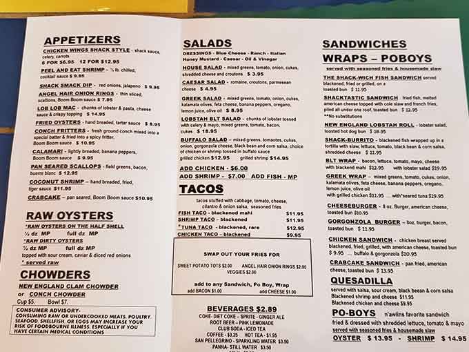 This menu reads like a love letter to the ocean, offering everything from raw bars to wraps.