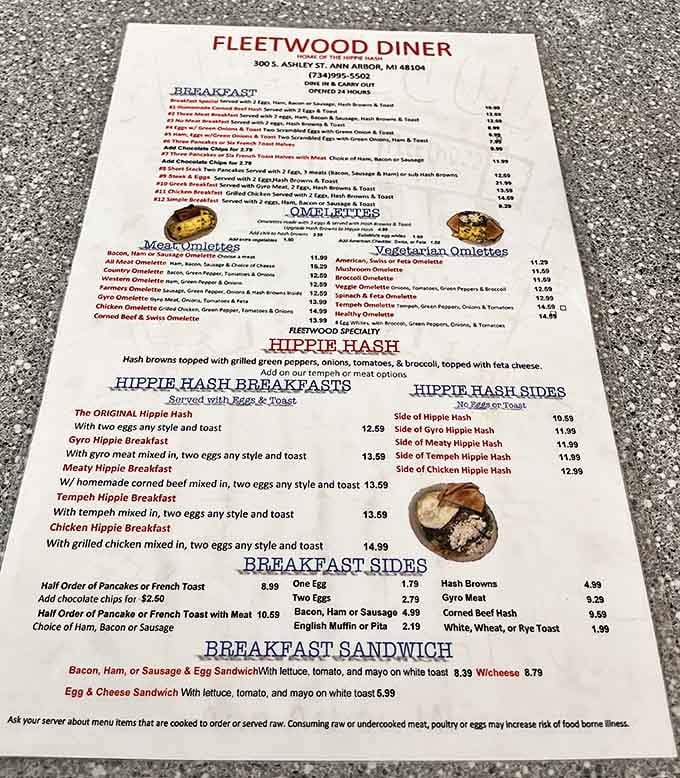 The menu reads like a love letter to breakfast, with enough Hippie Hash variations to last a lifetime.