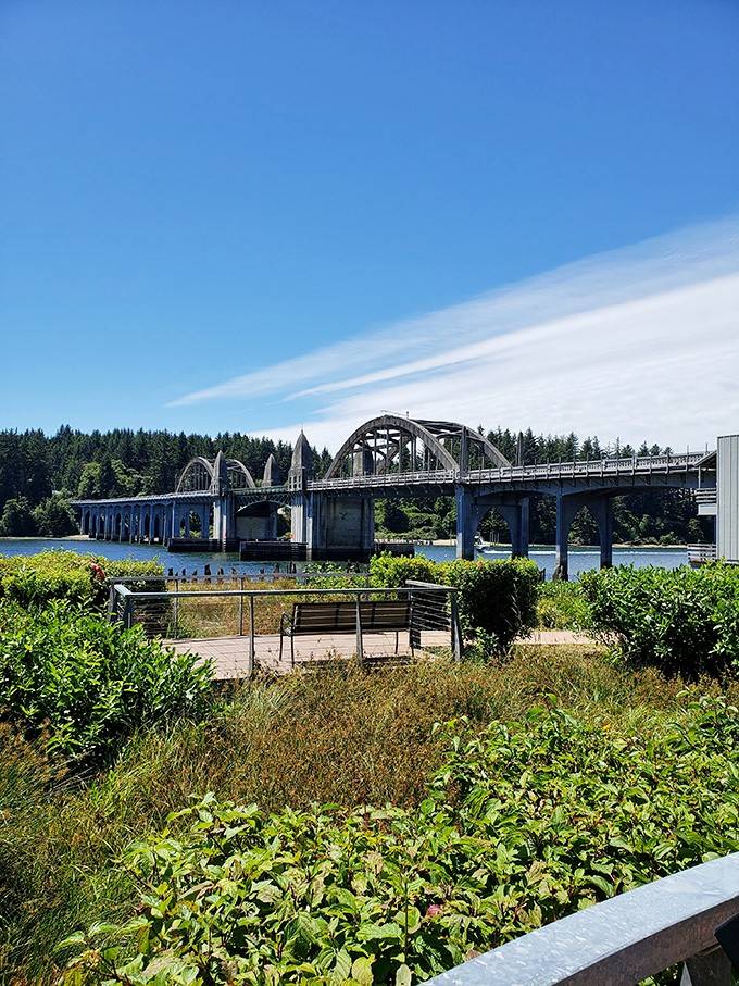 The historic Siuslaw River Bridge spans the water with Art Deco towers that would make the Golden Gate jealous of its style.