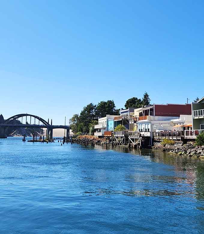 Waterfront buildings perched on pilings like they're trying to get the best seats for the river show.