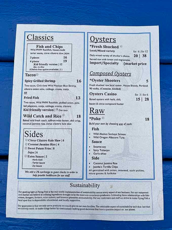 When a menu proudly lists sustainability practices at the bottom, you know these folks actually mean business about doing things right.