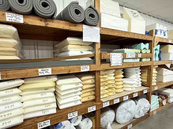 Shelves stacked with foam in every density imaginable, organized with the precision of someone who truly respects the art of cushioning.