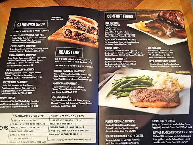 The menu promises comfort food with a side of automotive history, and it delivers on both.