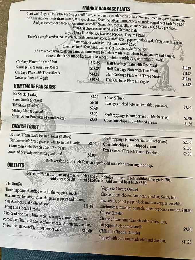 The Garbage Plates menu reads like a choose-your-own-adventure book, except every ending involves delicious satisfaction and loosened belts.