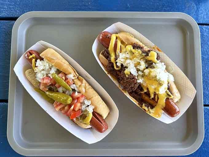 The Chicago Dog meets Fredgie's Original, proving that hot dog excellence comes in many delicious forms worth celebrating together.