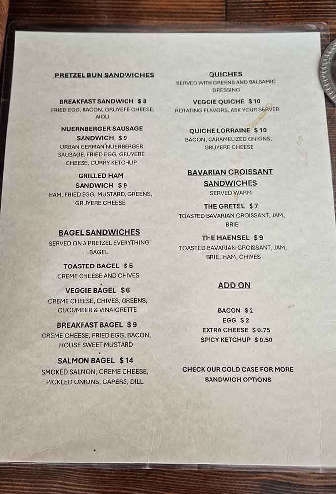 This menu reads like a love letter to German baking, with pretzel buns meeting everything from sausage to salmon.