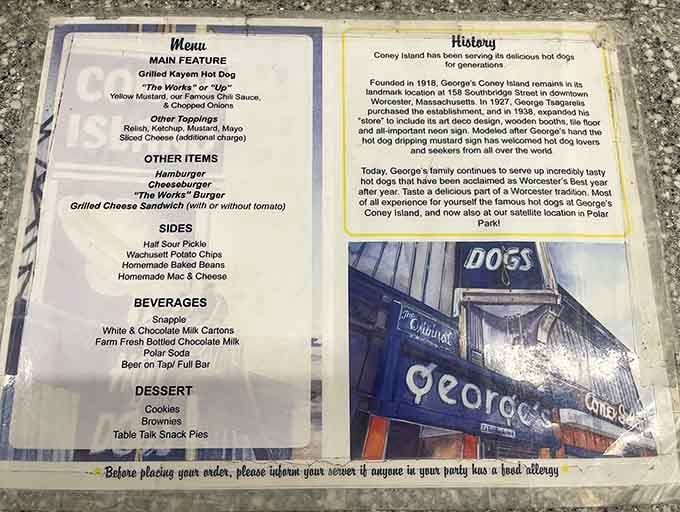 The menu tells you everything you need to know: simple, honest, and perfected over decades of feeding happy customers.