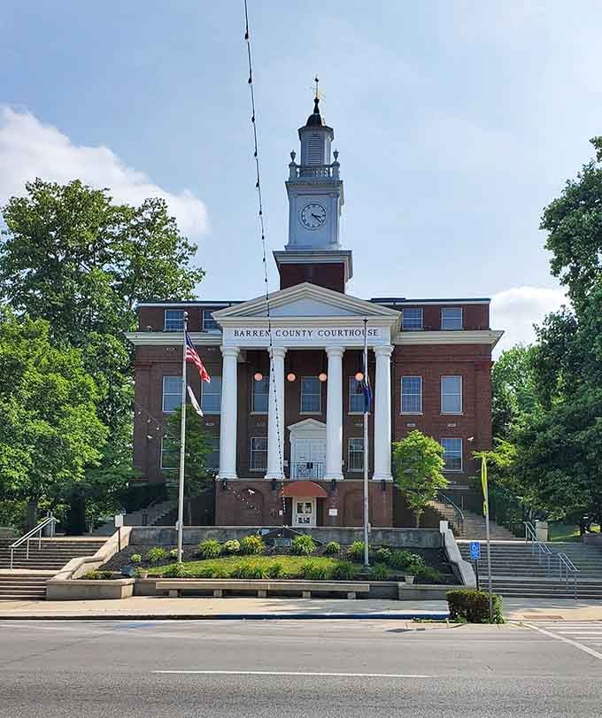 The Barren County Courthouse stands proud like a Southern belle who refuses to age, clock tower and all.