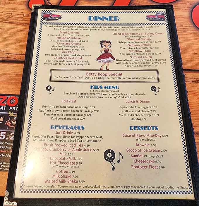 Betty Boop knows good food when she sees it, and this menu proves she's got excellent taste.