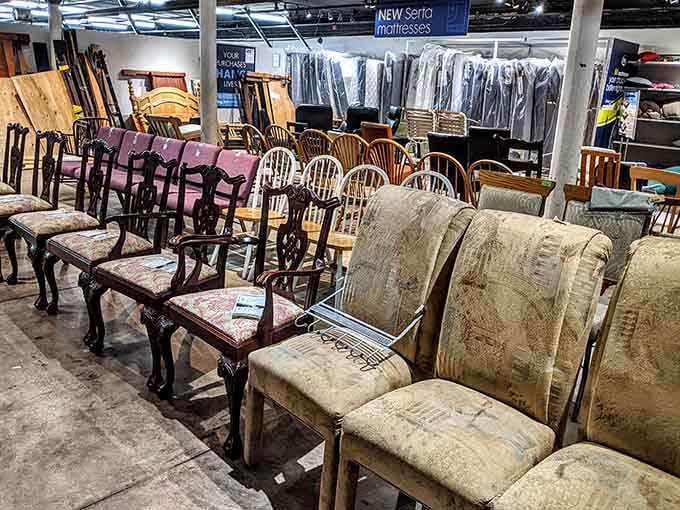 Furniture lined up like contestants on a game show, each piece waiting for its second chance at glory.