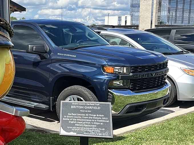 A blue Chevy Silverado honors British Garfield, Grant County's feline diplomat who charmed locals from 1880-1912.