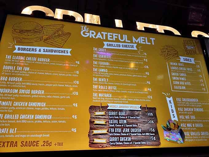 The Grateful Melt's menu reads like a luxury car dealership, with grilled cheese named after exotic automobiles.