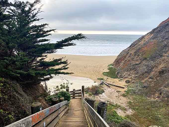 The wooden stairway descending to paradise, where your calves earn every moment of coastal bliss below.