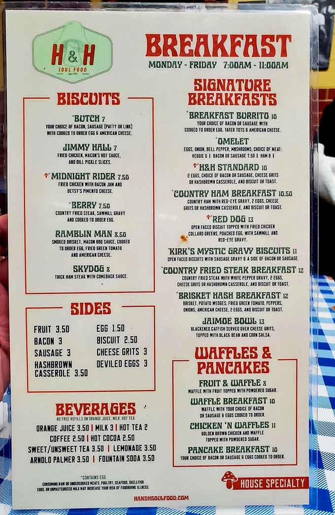 This menu reads like a love letter to breakfast, with creative names honoring Macon's legendary musical heritage.