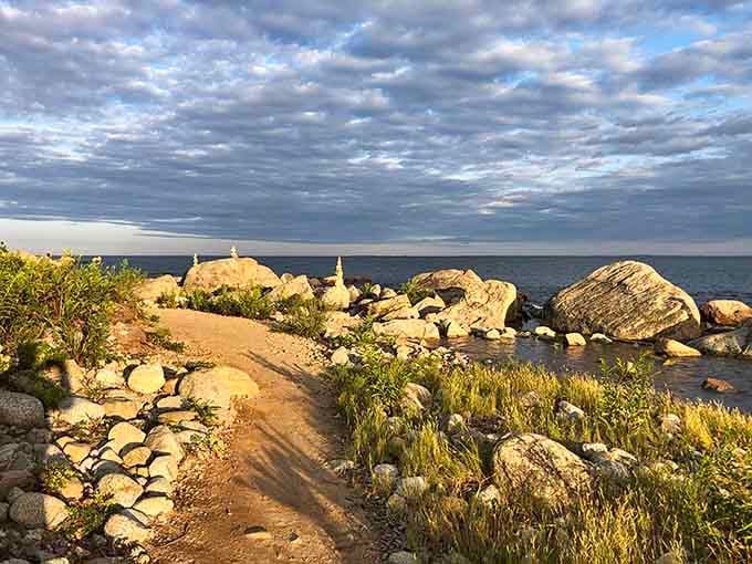 Golden hour at the rocky shore proves Mother Nature moonlights as a professional photographer with impeccable timing.