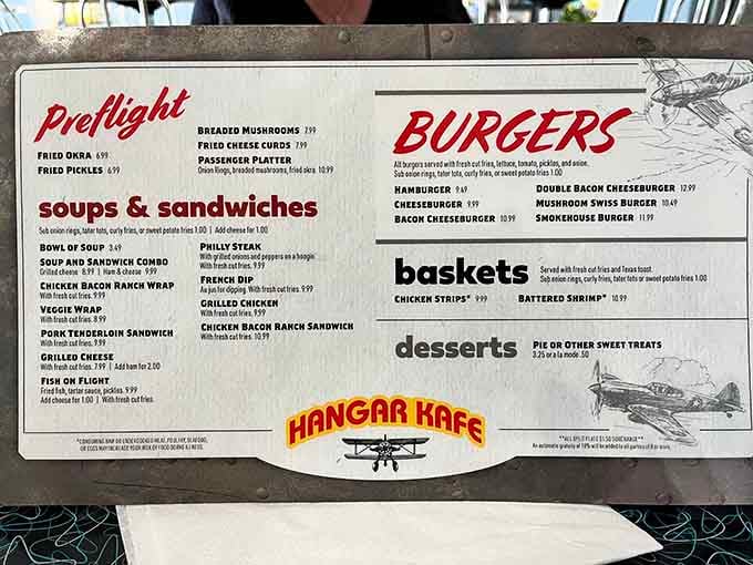 The menu promises comfort food with aviation flair, because even your burger deserves a proper flight plan.