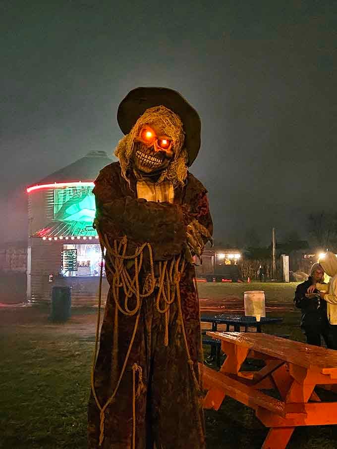 This skeletal greeter has better posture than most of us and significantly more commitment to the Halloween aesthetic.