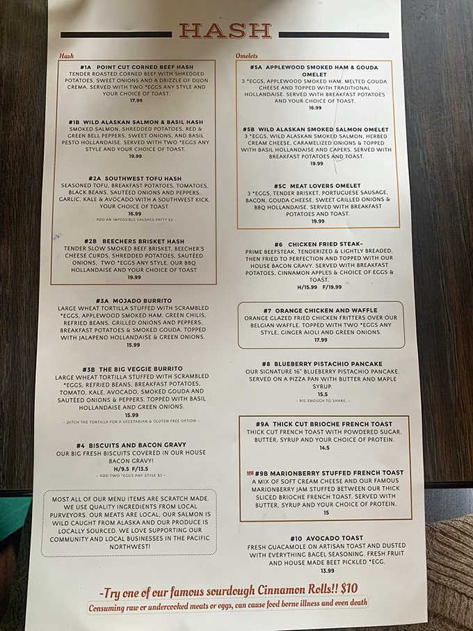 This menu reads like a greatest hits album of Pacific Northwest breakfast creativity meets comfort food classics.