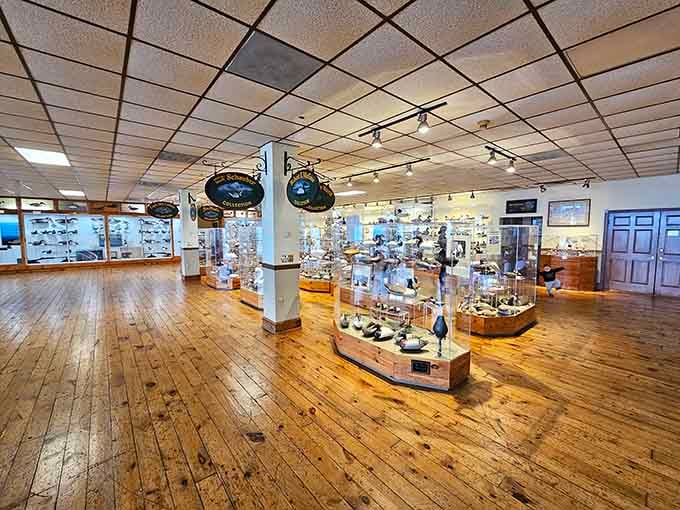 Sunlight streams across hardwood floors, illuminating over a thousand handcrafted decoys in pristine glass cases.