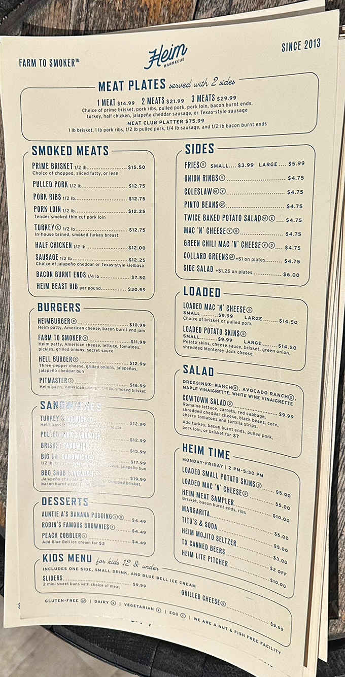 This menu reads like a love letter to Texas barbecue, with bacon burnt ends stealing the show.