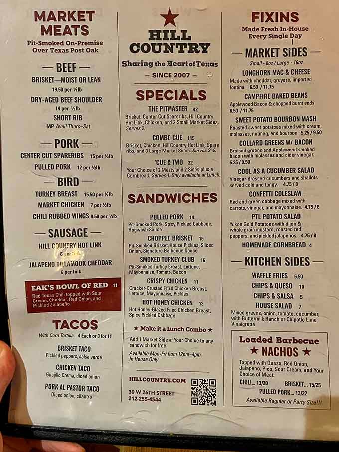 This menu reads like a love letter to Central Texas, where meat is sold by the pound and pretension stays outside.
