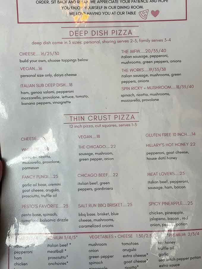 This menu reads like a love letter to Chicago, with every specialty pizza telling its own story.