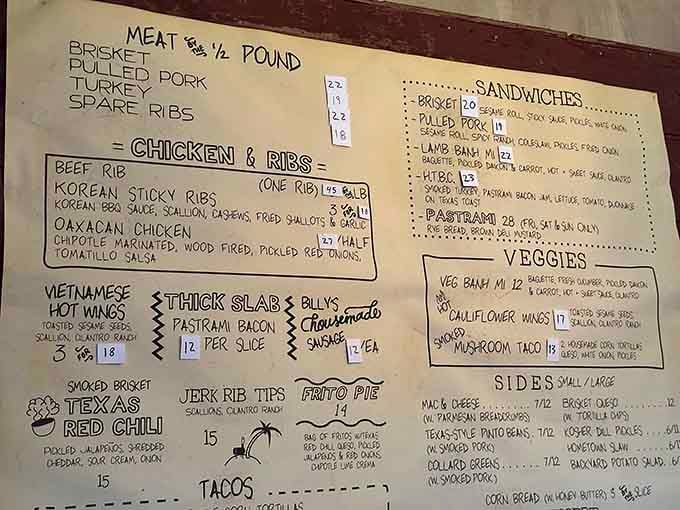 This handwritten menu reads like a greatest hits album of smoked meats, from brisket to Korean ribs.