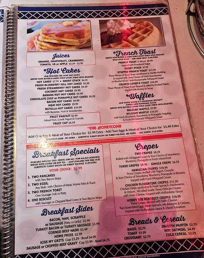 The menu reads like a love letter to breakfast, with more pancake varieties than most people have socks.