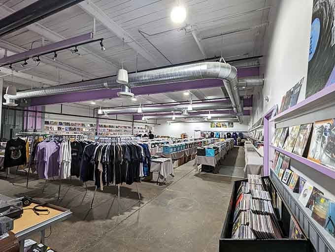 Inside, it's organized chaos at its finest – rows of vinyl stretching toward infinity, plus vintage audio gear everywhere.