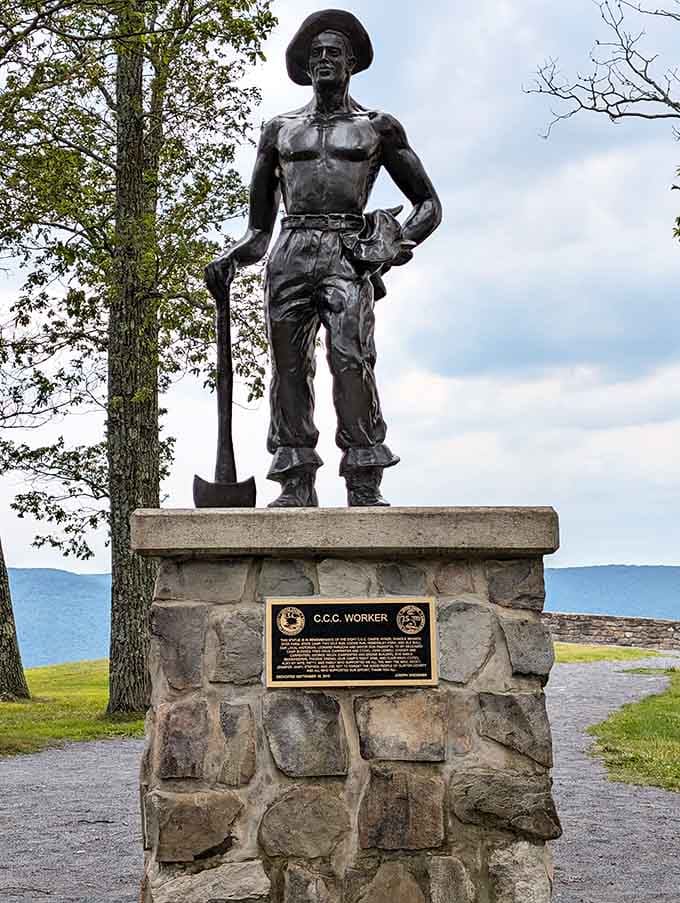 The CCC worker statue stands proud, honoring the Depression-era heroes who built this spectacular overlook for us.