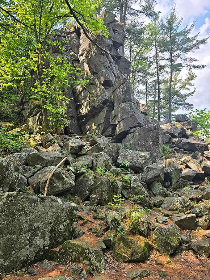 Ancient basalt towers draped in moss and lichen, looking like nature's own cathedral built over a billion years.