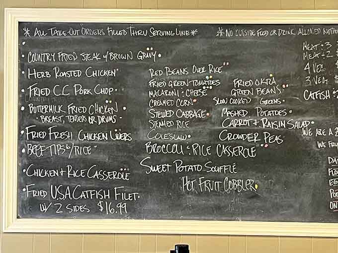 That chalkboard menu reads like a greatest hits album of Southern cooking, every item a certified classic.