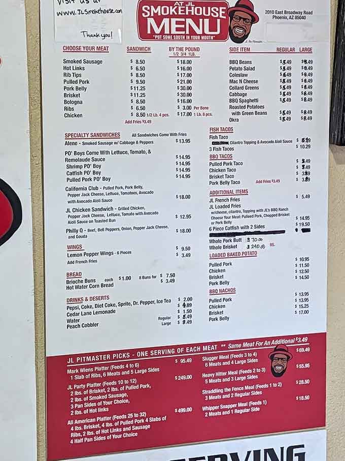 This menu reads like a love letter to smoked meat, with options for every appetite.