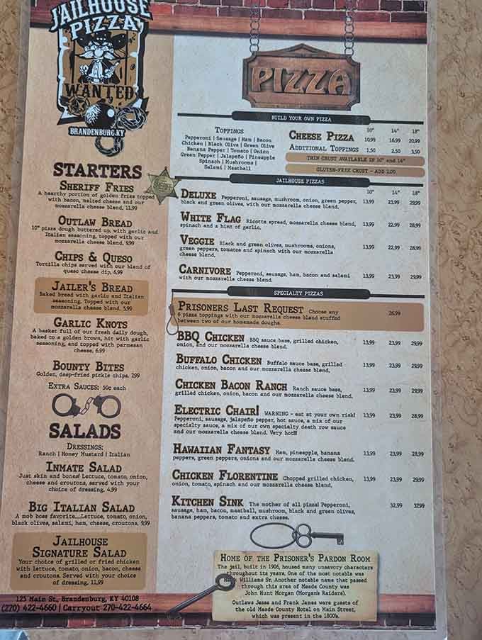 When pizza names include "Electric Chair" and "Prisoner's Last Request," you know someone had fun with this menu.