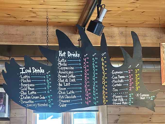 A moose-shaped menu board is commitment to theme done right, folks.